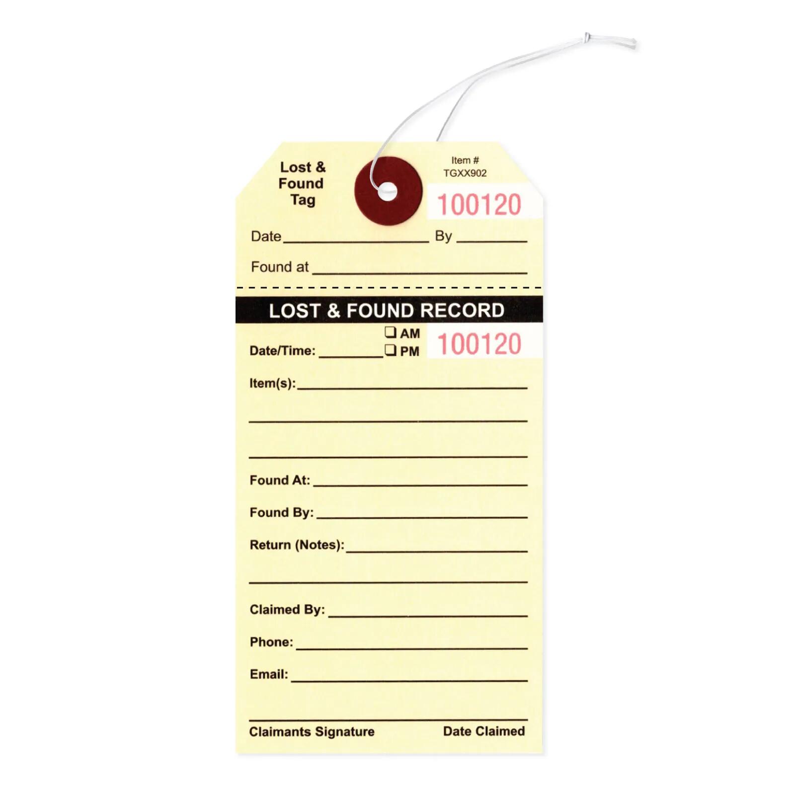 Lost and Found Tags with Knotted or elastic String Attached. - AMS Printing