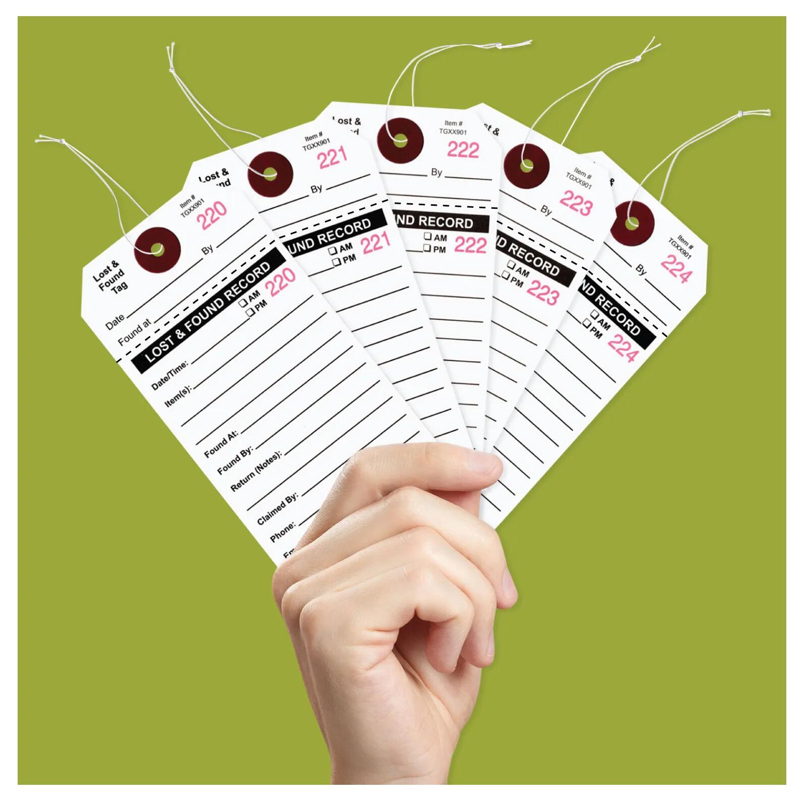 Lost and Found Tags with Knotted or elastic String Attached. - AMS Printing