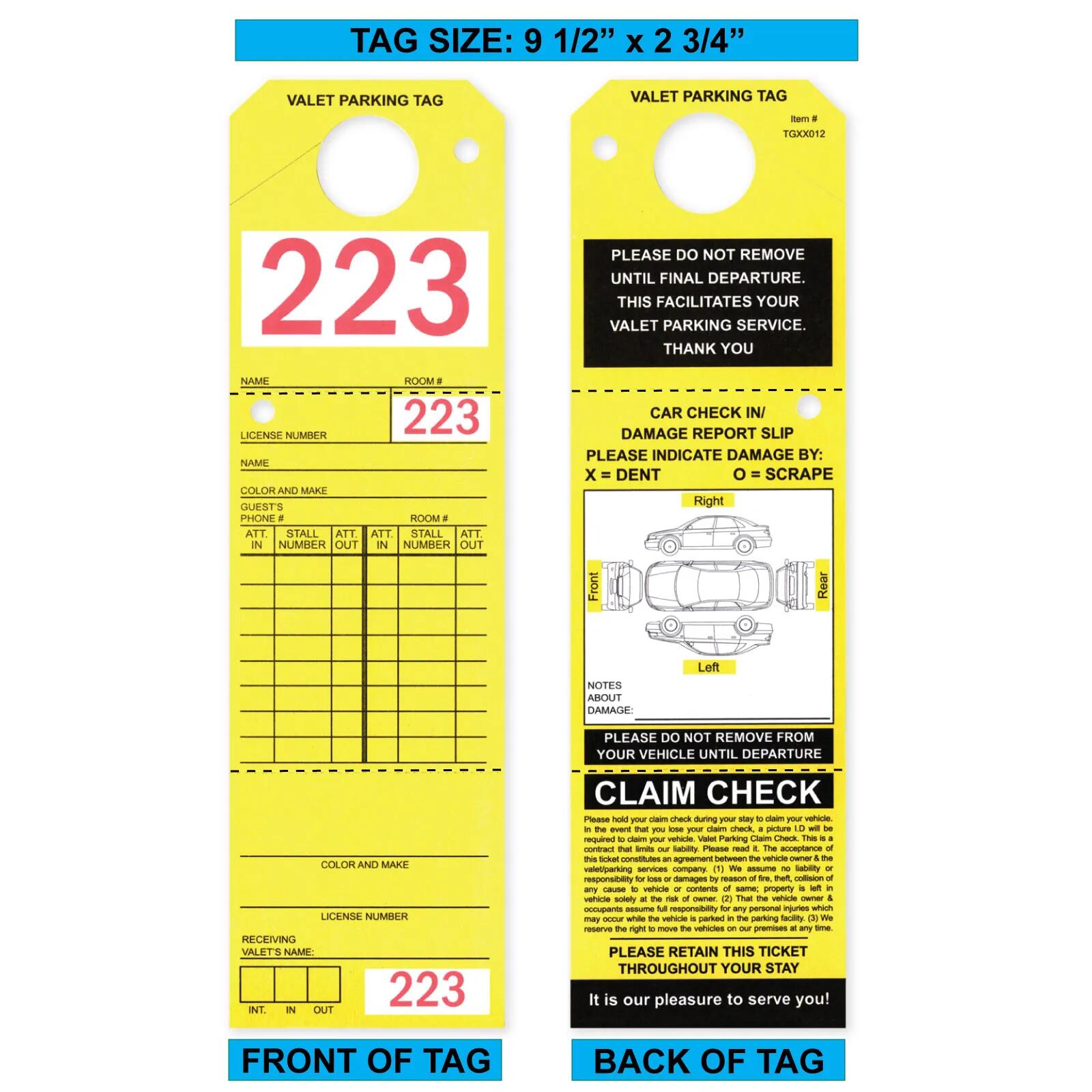 Bright Yellow Parking and Claim Check Tags for Valet Parking - AMS Printing