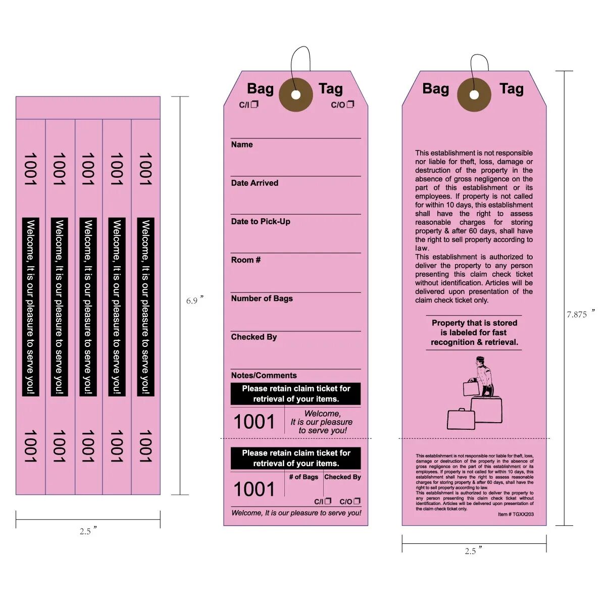 Pink Colored Baggage Claim Check Tags with 5 Labels - AMS Printing