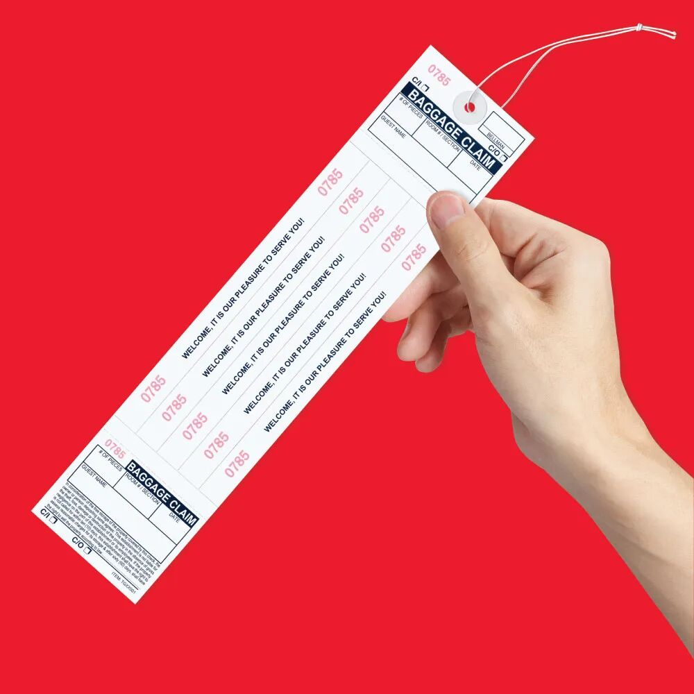 Baggage claim check tag with five matching numbered labels - AMS Printing