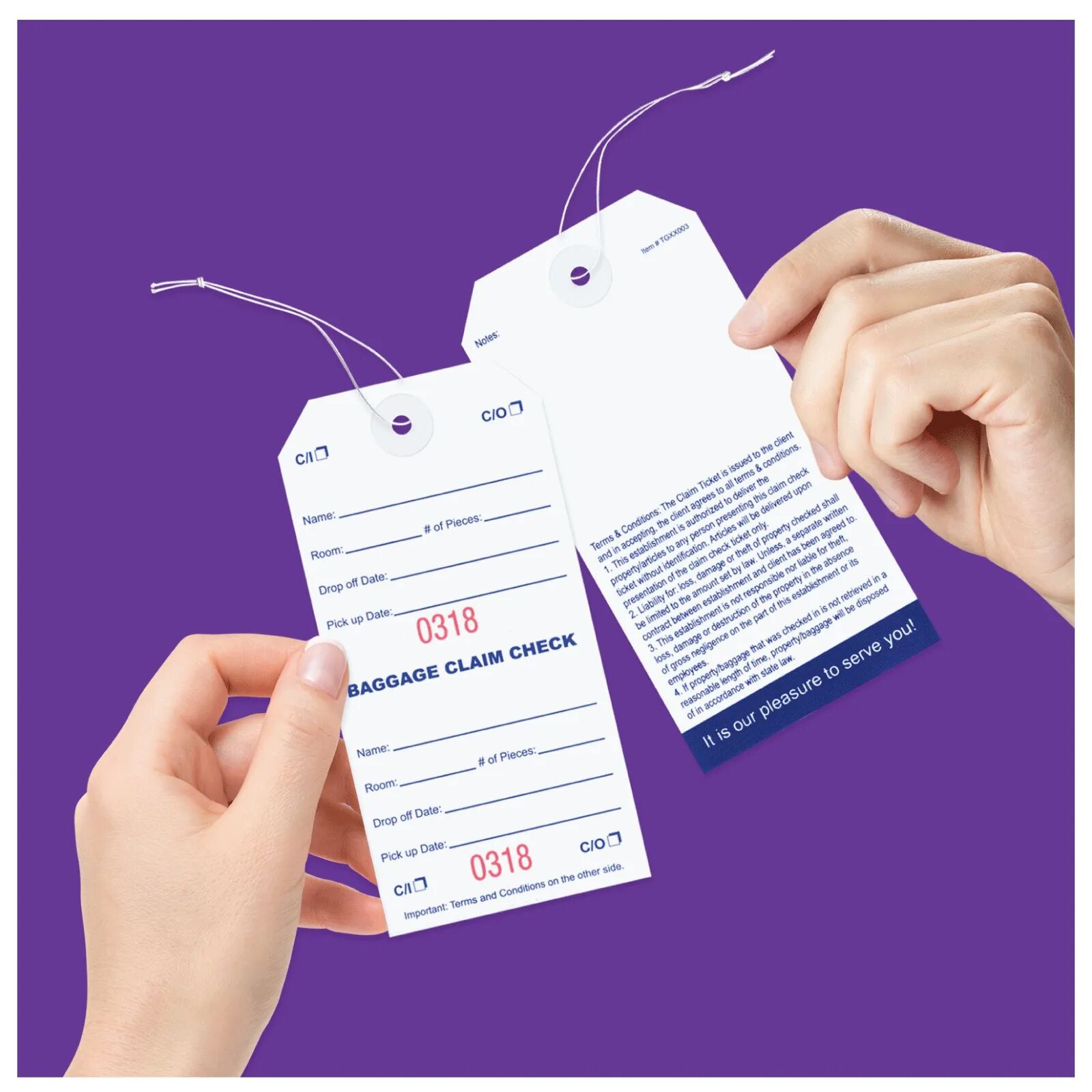 Baggage claim check tags with elastic string attached to tag - AMS Printing