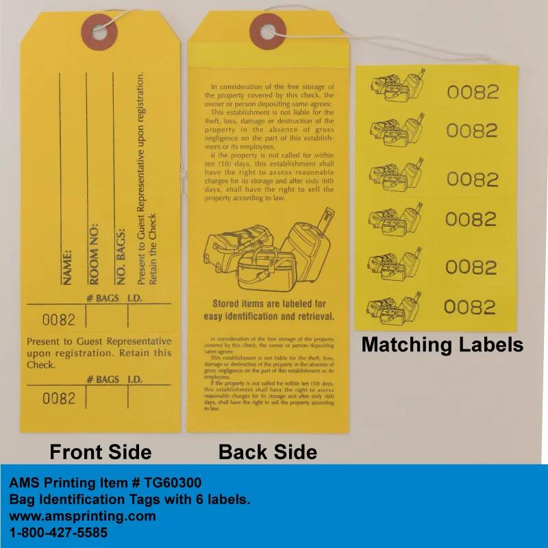 Yellow Colored Baggage Claim Check Tags with 6 Labels - AMS Printing