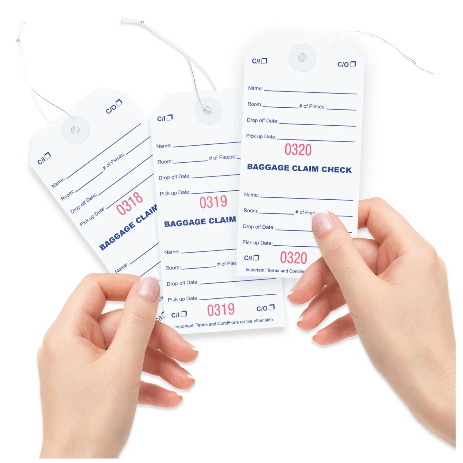 Baggage claim check tags with elastic string attached to tag - AMS Printing