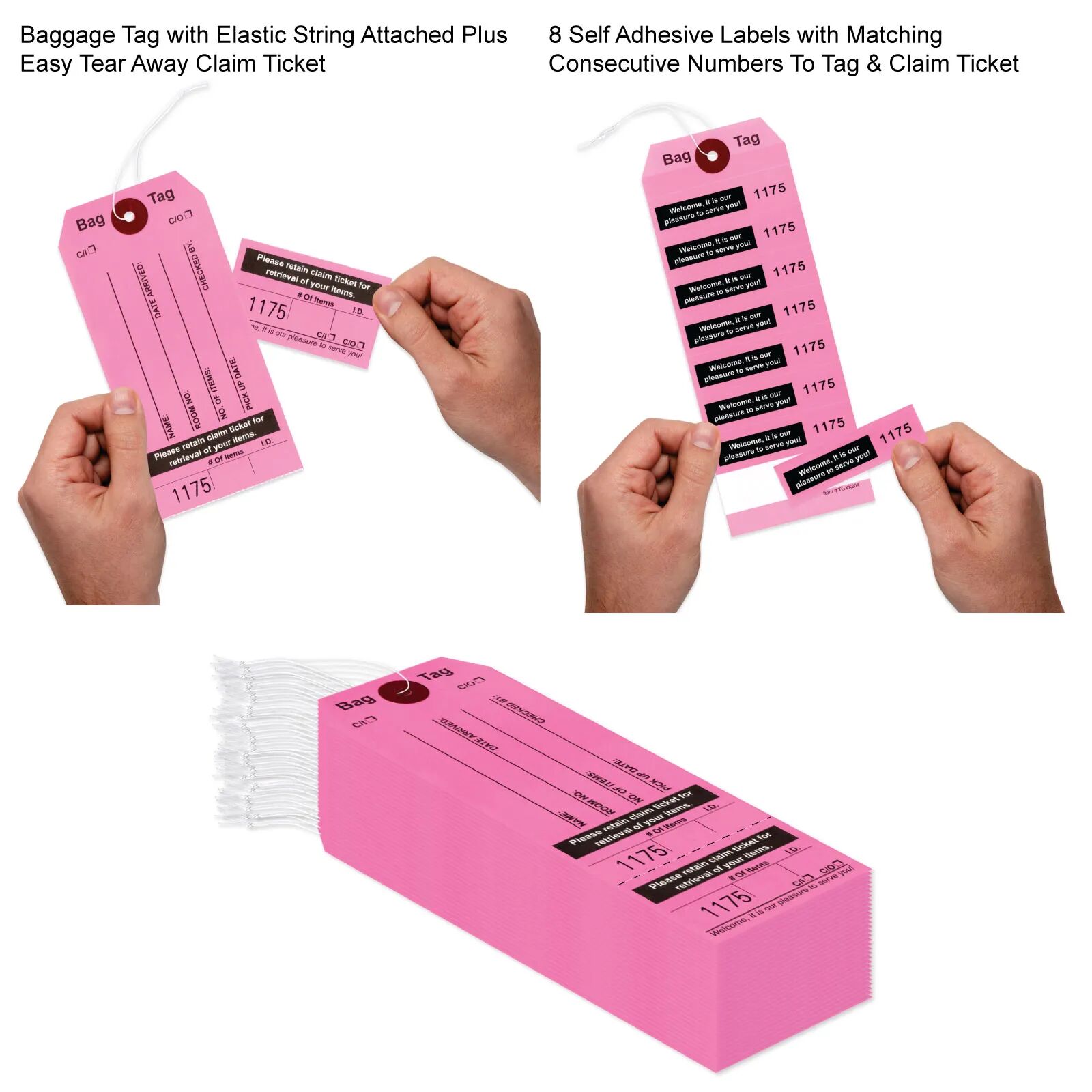 Pink Colored Baggage Claim Check Tags with 8 Labels - AMS Printing