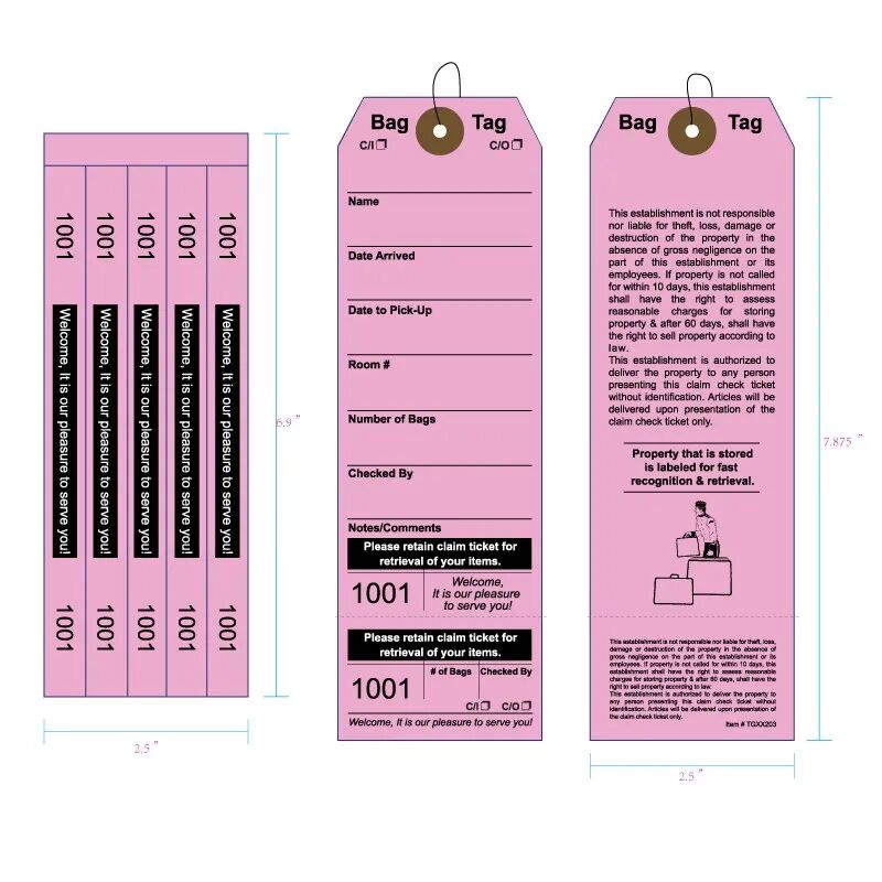 Pink Colored Baggage Claim Check Tags with 5 Labels - AMS Printing
