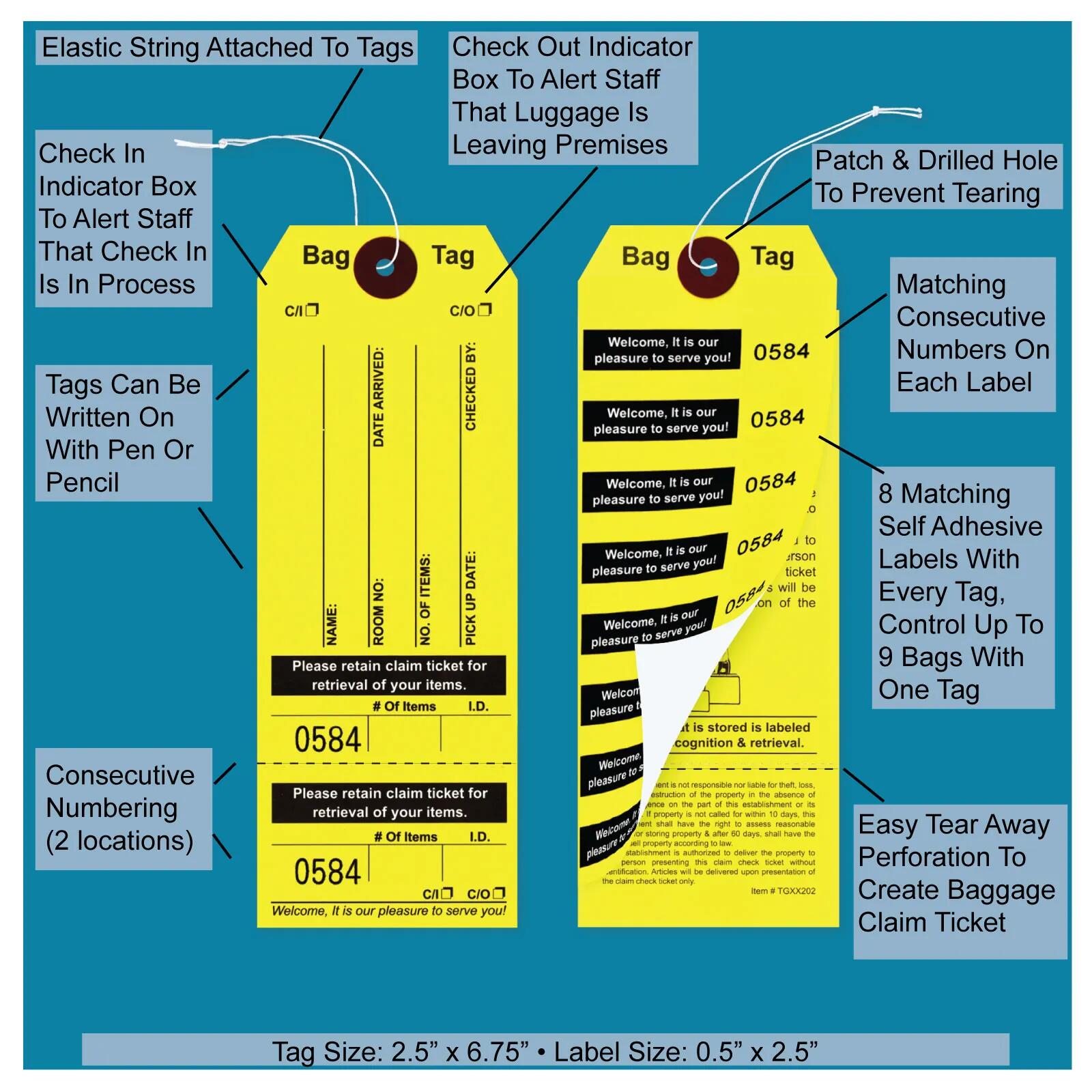 Yellow Colored Baggage Claim Check Tags with 8 Labels - AMS Printing