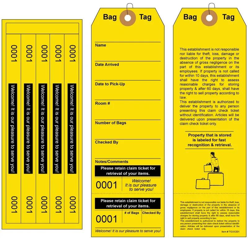 Yellow Bag Claim Tags with Labels For Hotels & Bag Storage - AMS Printing