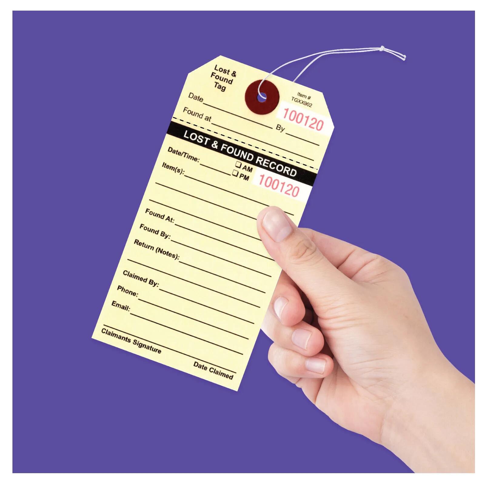 Lost and Found Tags with Knotted or elastic String Attached. - AMS Printing