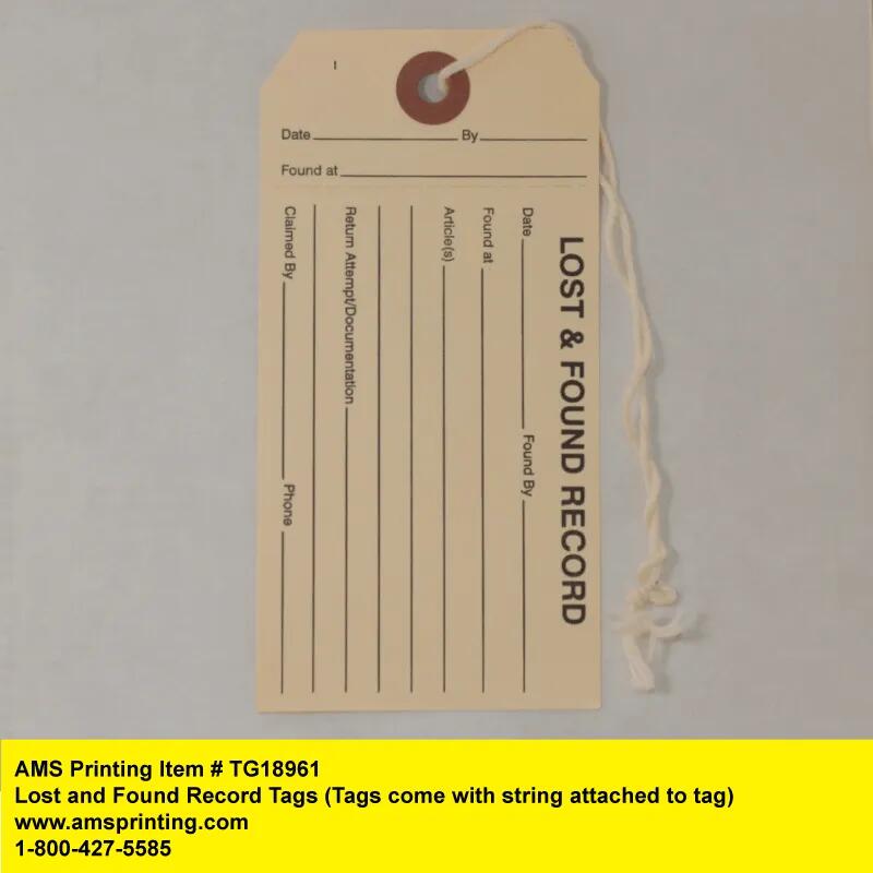 Lost and Found Tags with Knotted or elastic String Attached. - AMS Printing