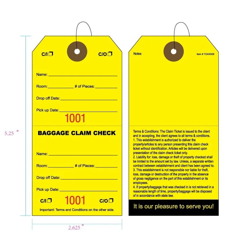 Baggage claim check tags with knotted string attached to tag - AMS Printing