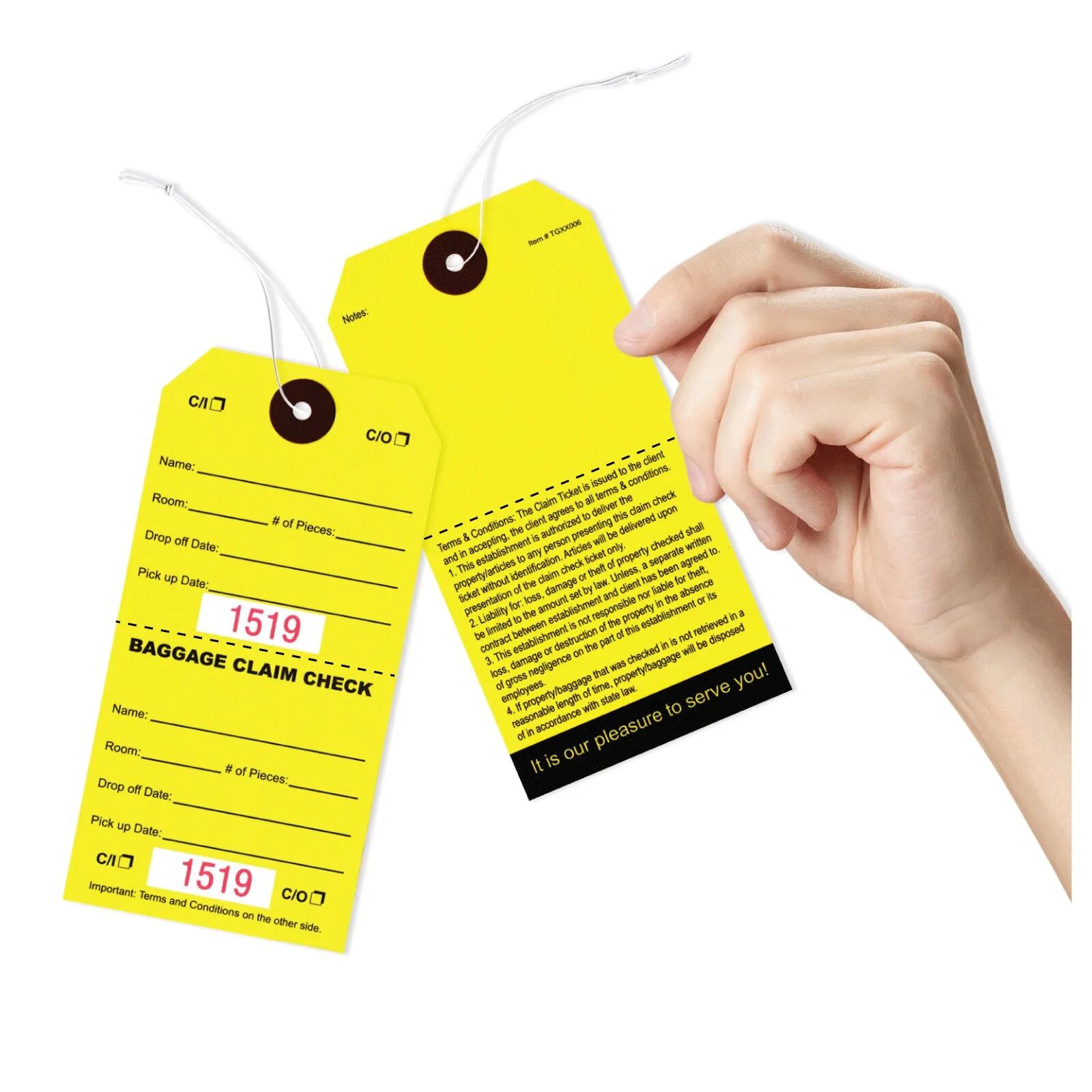 Baggage claim check tags with elastic string attached to tag - AMS Printing