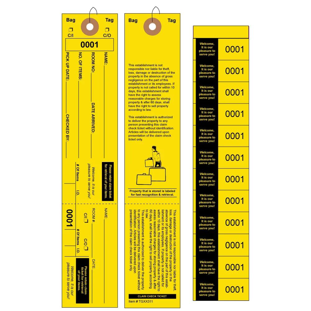 Baggage Claim Check Tags on Yellow stock with 12 Labels - AMS Printing