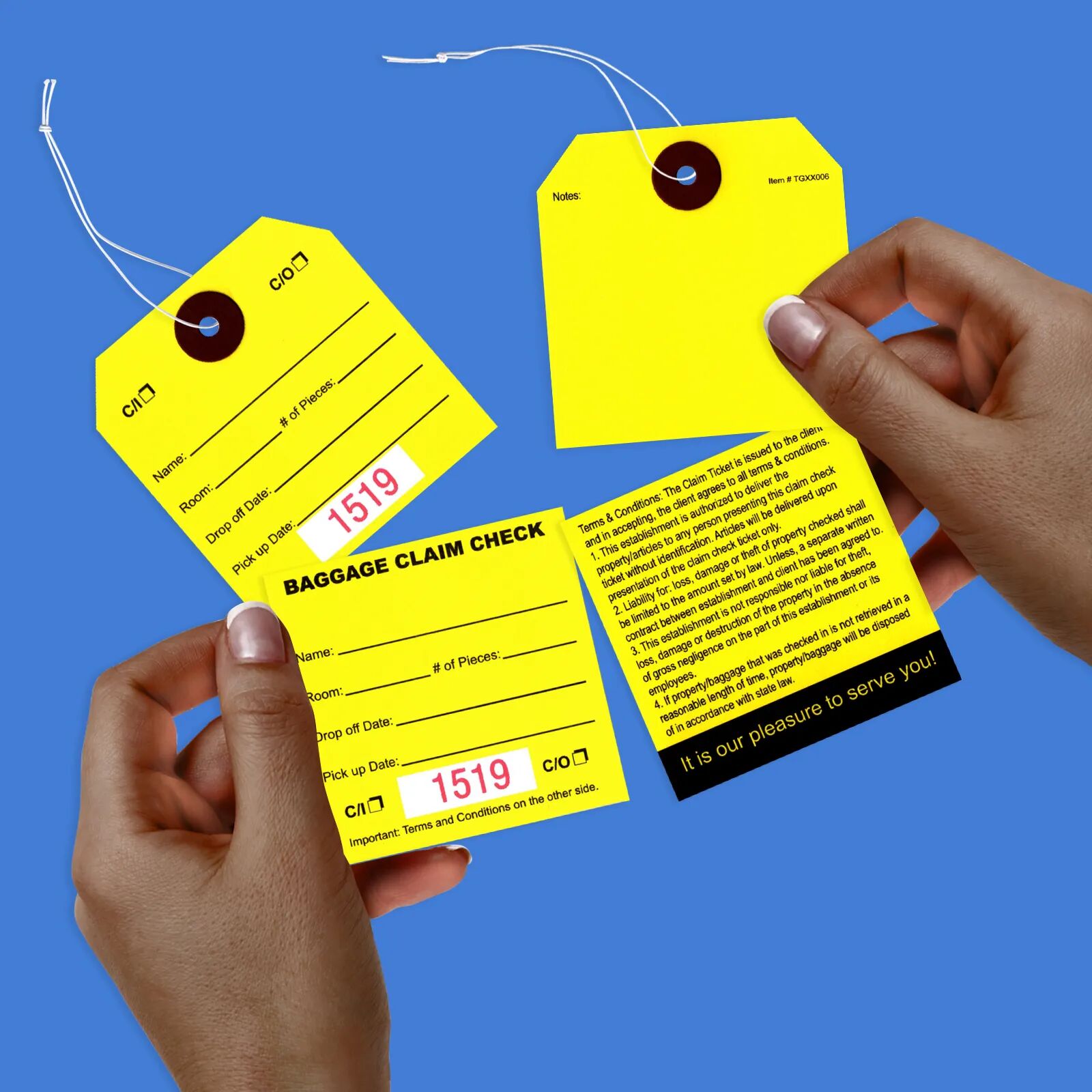 Baggage claim check tags with elastic string attached to tag - AMS Printing
