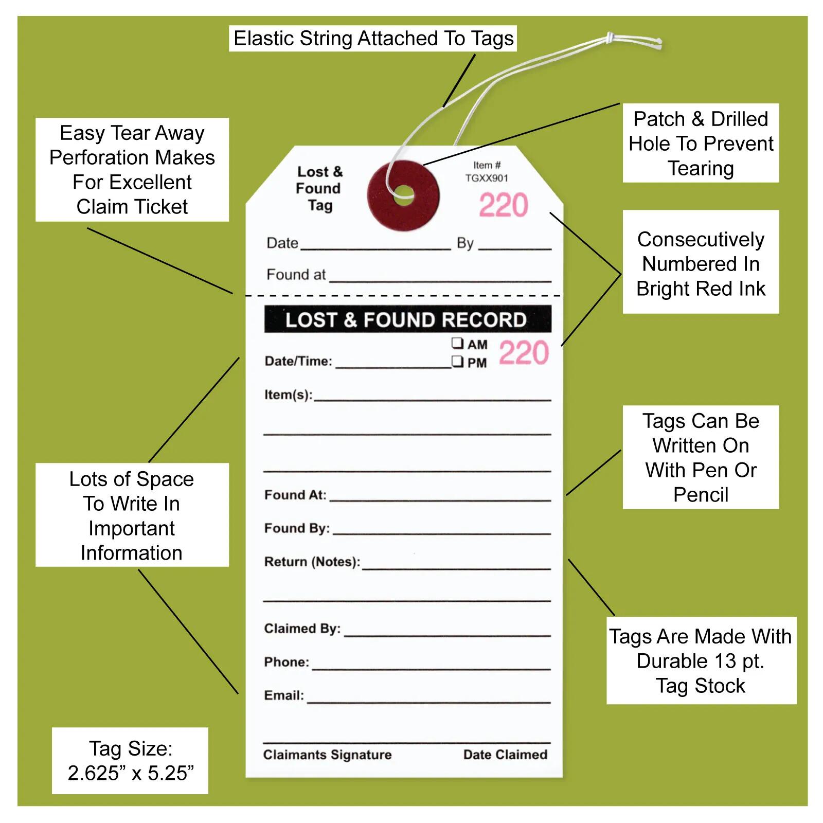 Lost and Found Tags with Knotted or elastic String Attached. - AMS Printing