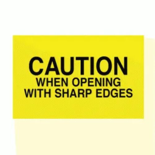 "CAUTION WHEN OPENING WITH SHARP EDGES" Label - AMS Printing