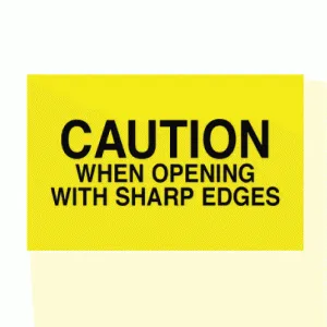 "CAUTION WHEN OPENING WITH SHARP EDGES" Label - AMS Printing