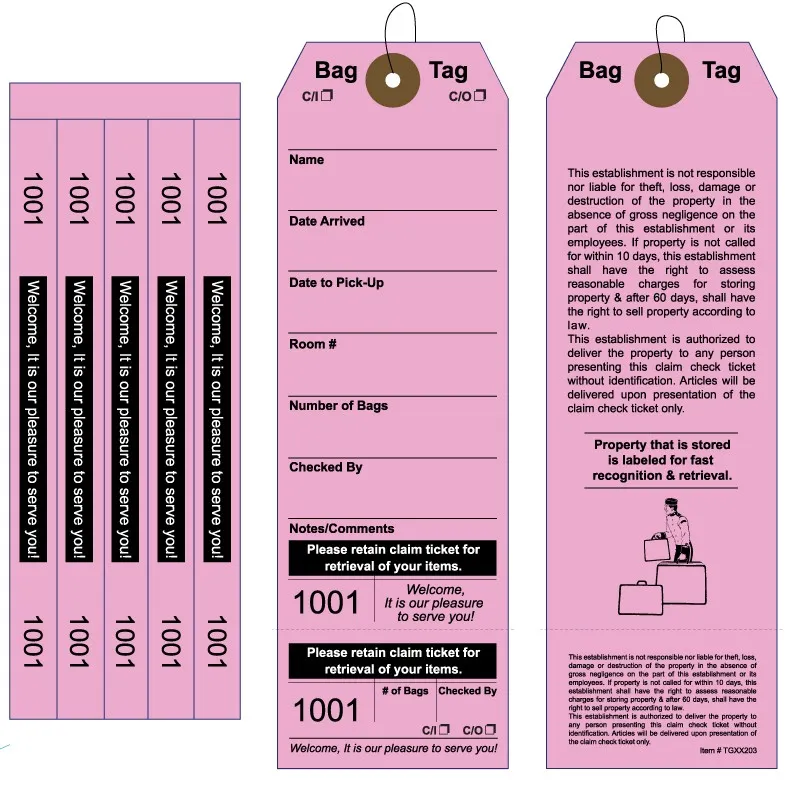 Pink Colored Baggage Claim Check Tags with 5 Labels - AMS Printing