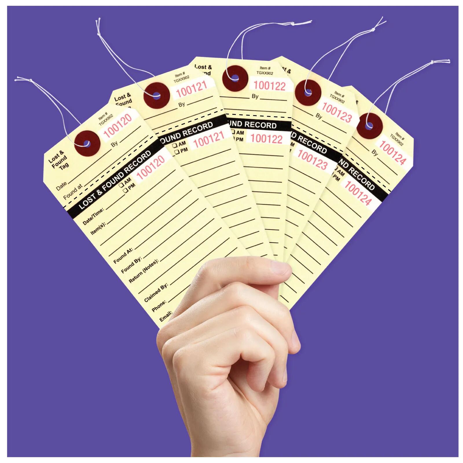 Lost and Found Tags with Knotted or elastic String Attached. - AMS Printing