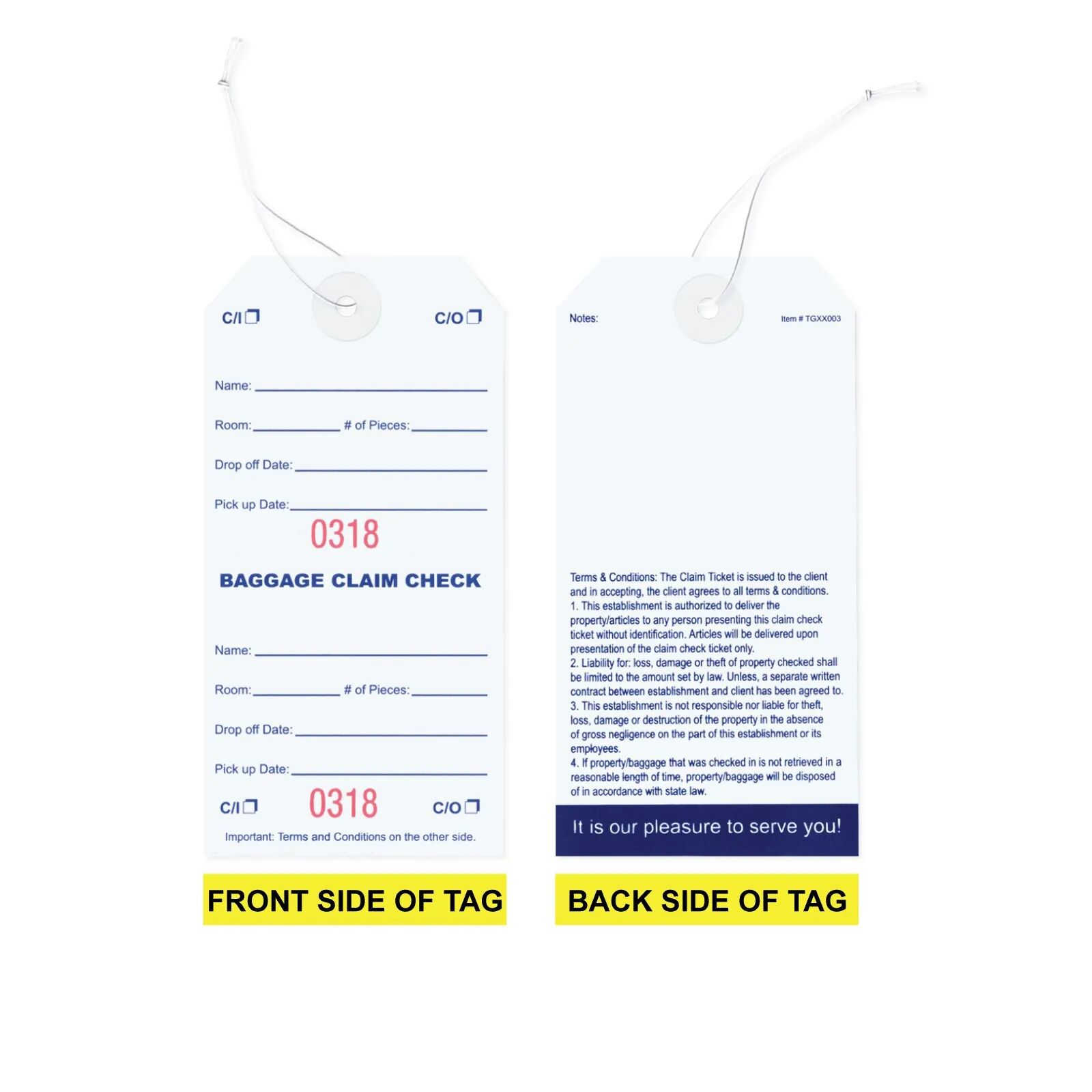 Baggage claim check tags with elastic string attached to tag - AMS Printing