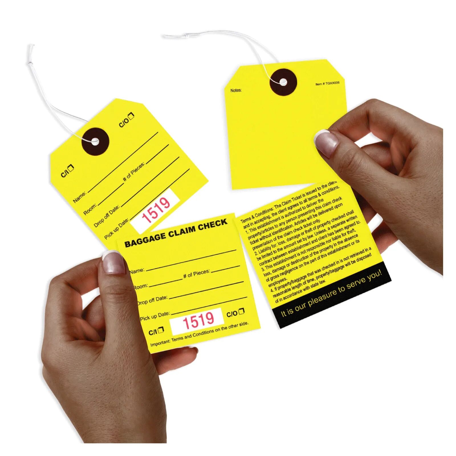 Baggage claim check tags with elastic string attached to tag - AMS Printing