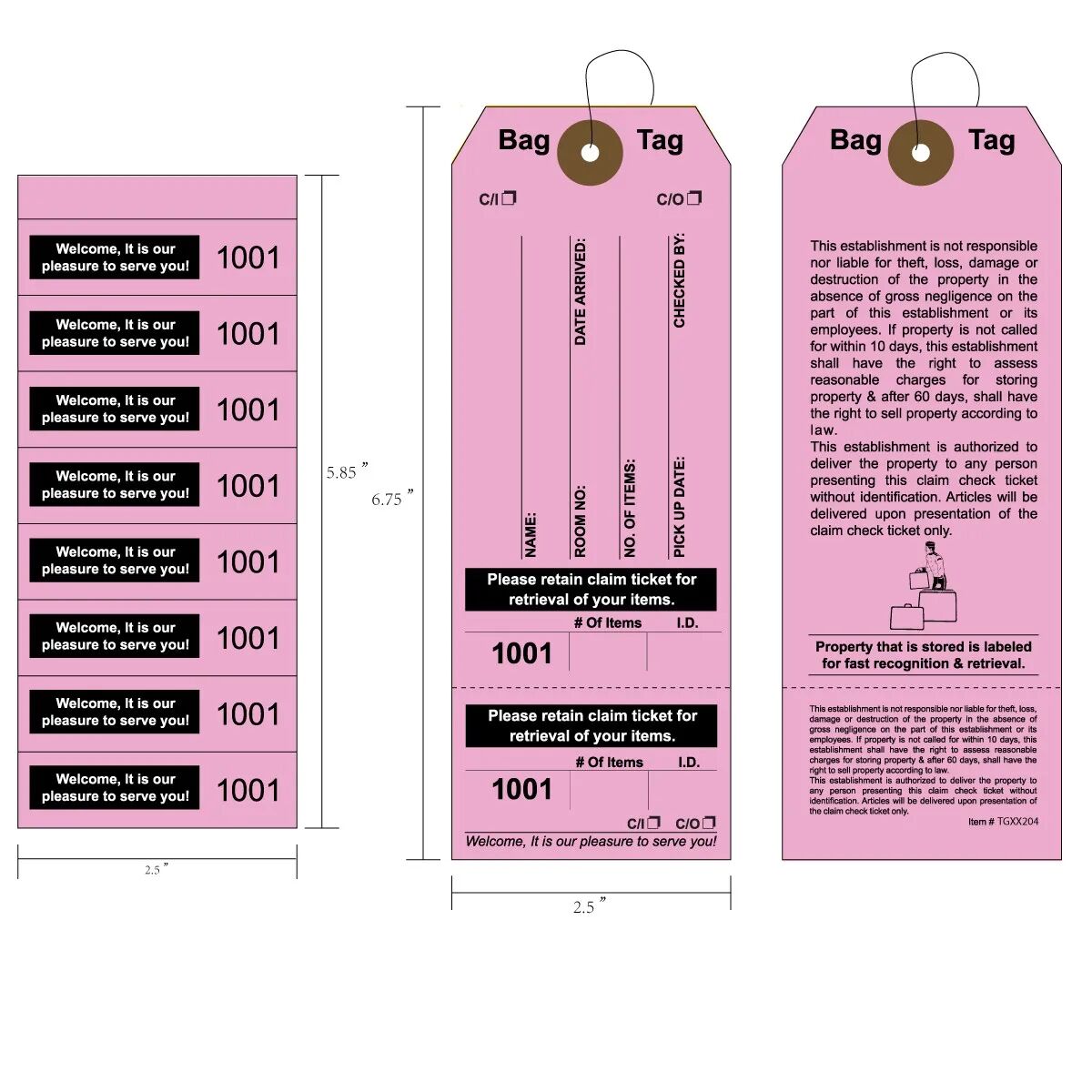 Pink Colored Baggage Claim Check Tags with 8 Labels - AMS Printing
