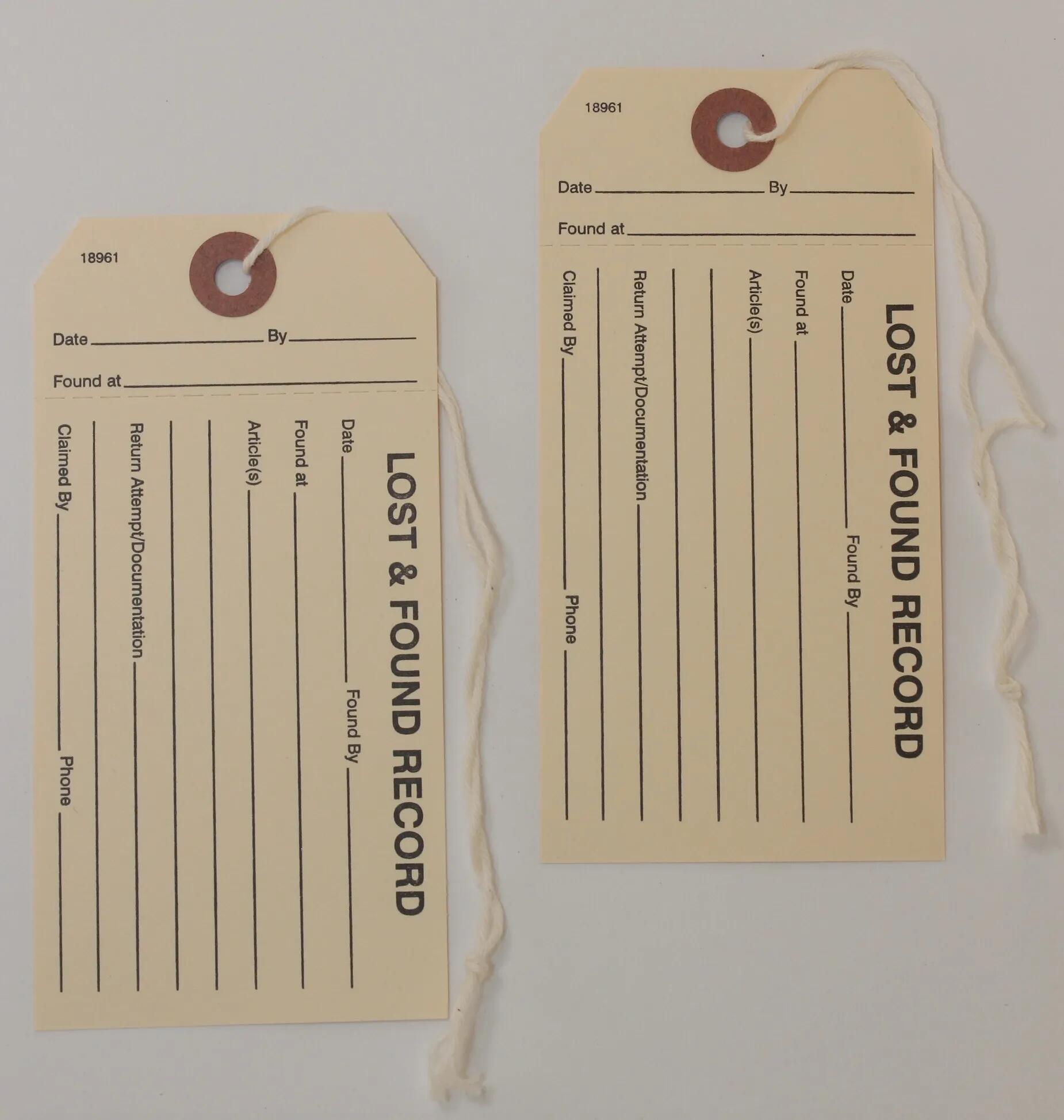 Lost and Found Tags with Knotted or elastic String Attached. - AMS Printing