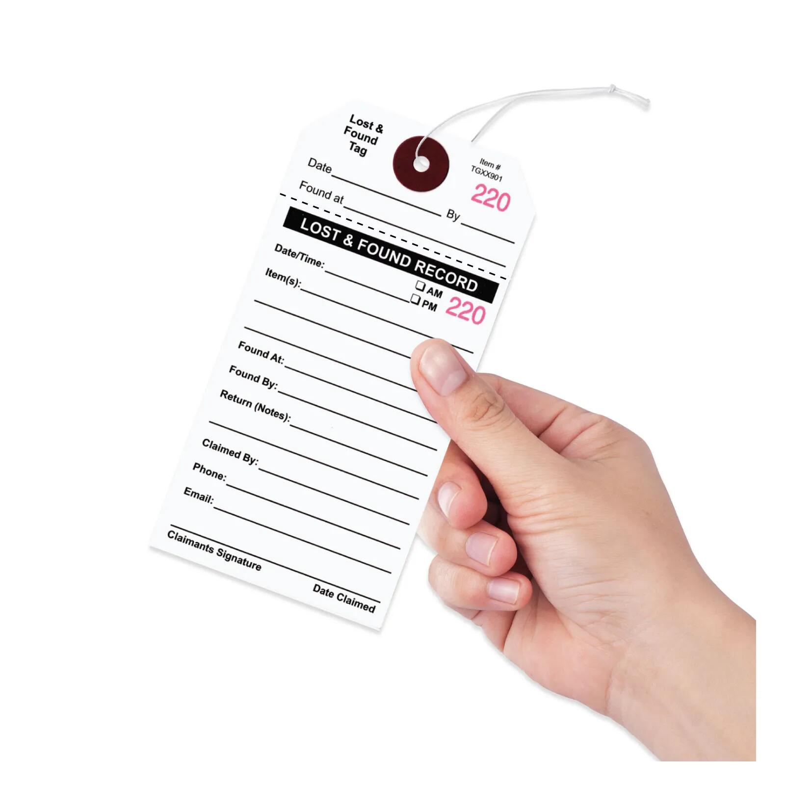 Lost and Found Tags with Knotted or elastic String Attached. - AMS Printing