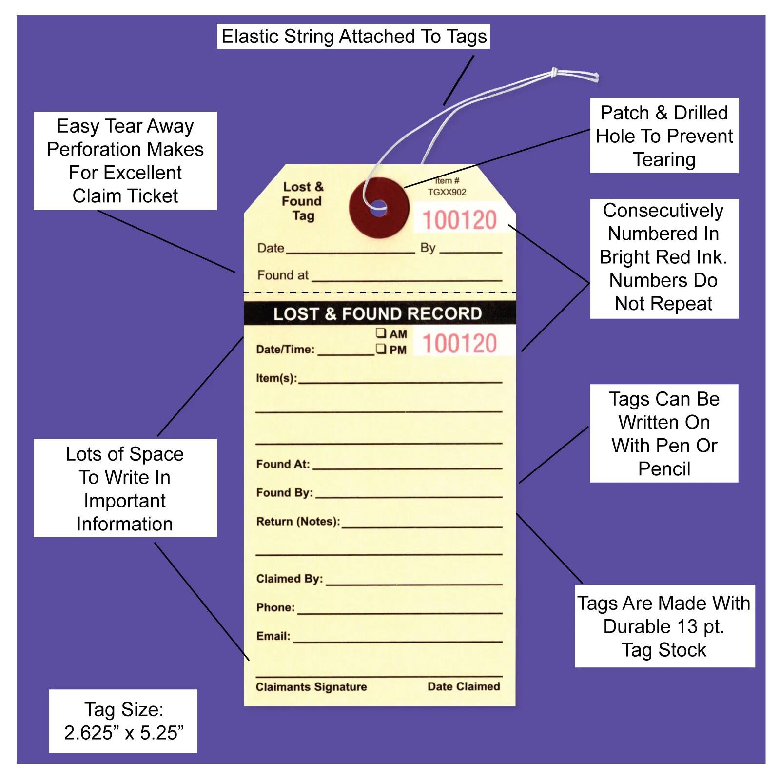 Lost and Found Tags with Knotted or elastic String Attached. - AMS Printing