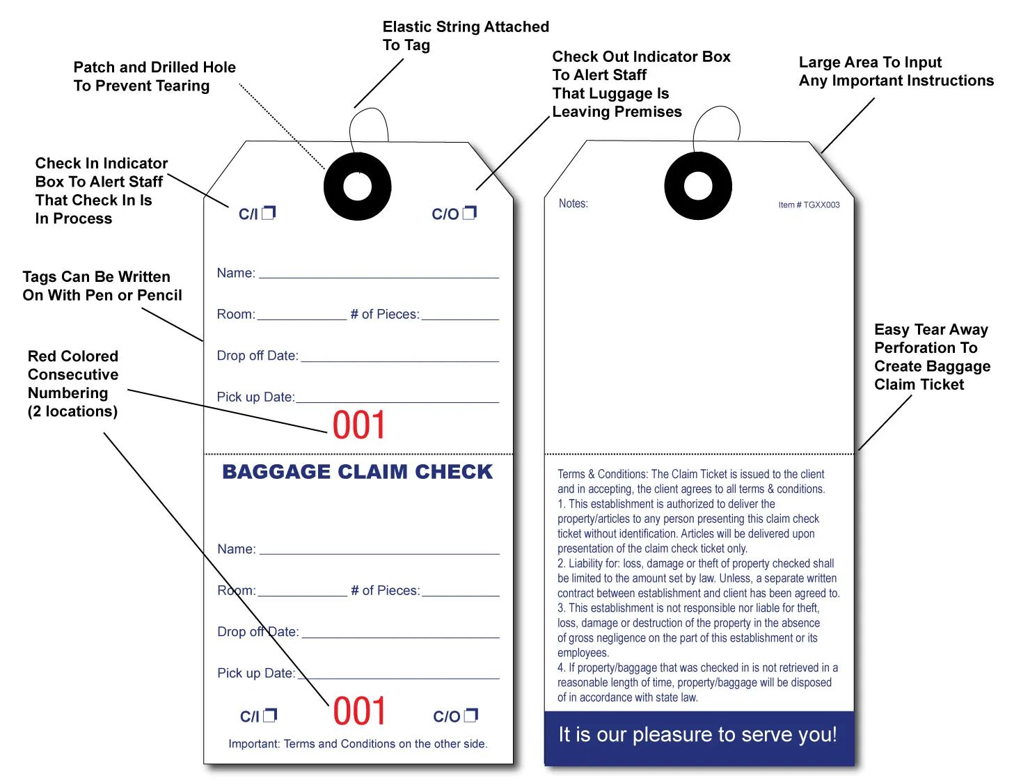 Baggage claim check tags with elastic string attached to tag - AMS Printing
