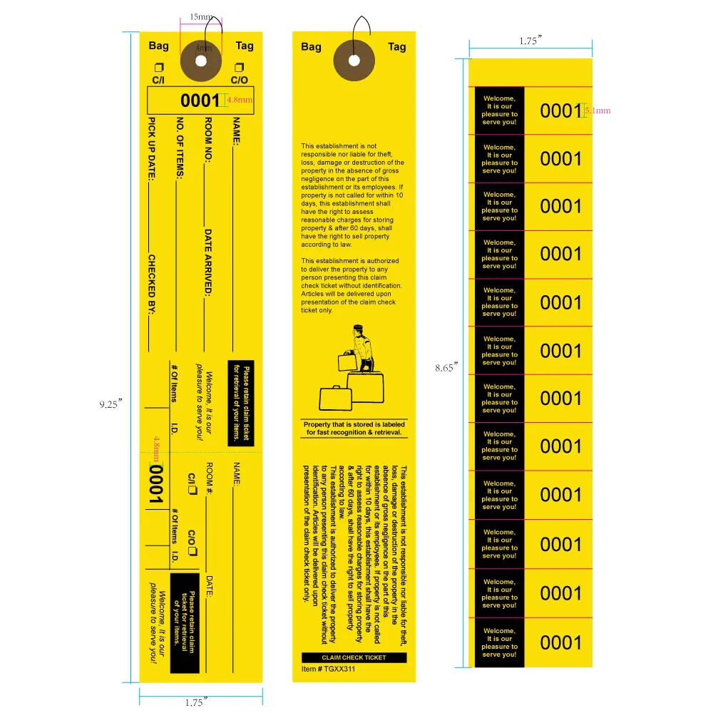 Baggage Claim Check Tags on Yellow stock with 12 Labels - AMS Printing