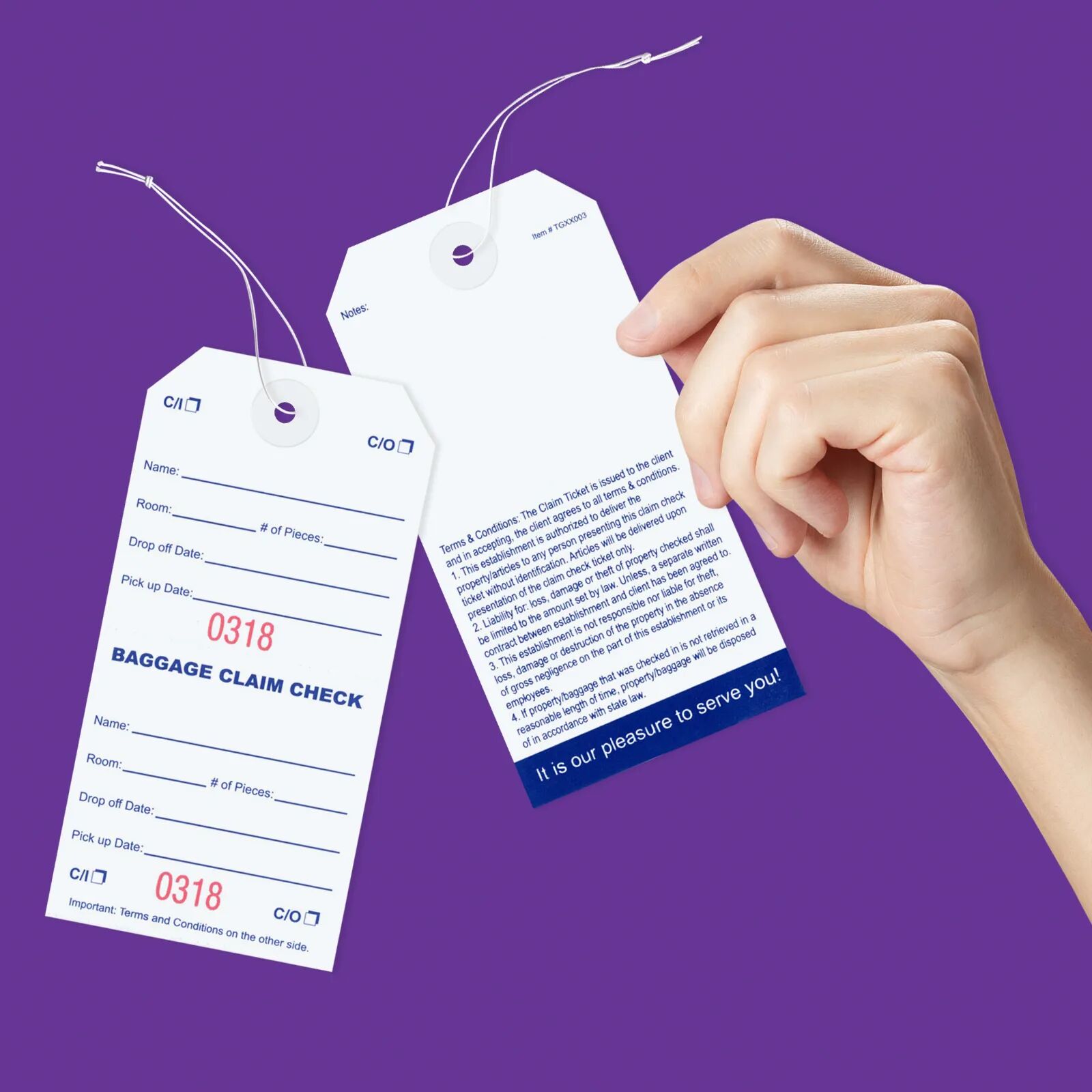 Baggage claim check tags with elastic string attached to tag - AMS Printing
