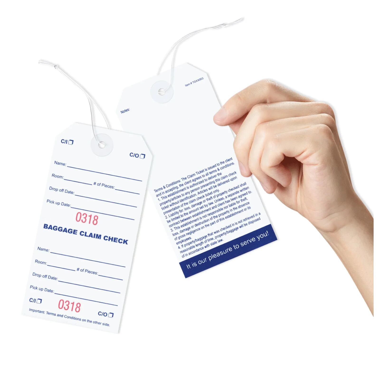 Baggage claim check tags with elastic string attached to tag - AMS Printing