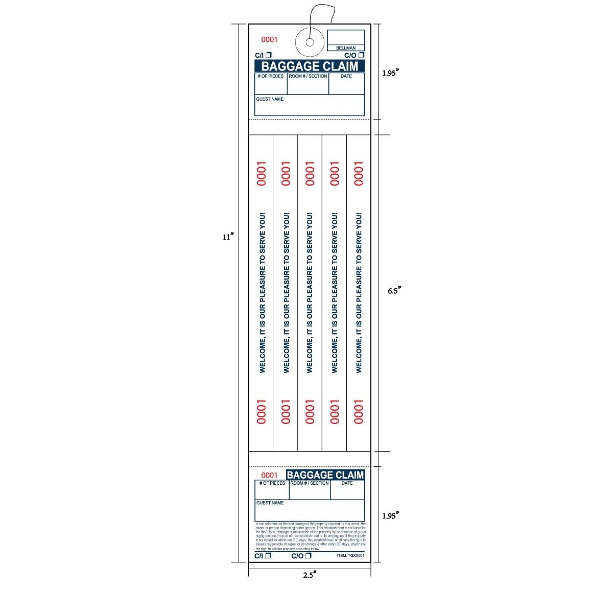 Baggage claim check tag with five matching numbered labels - AMS Printing